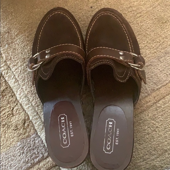 Coach | Shoes | Coach Brown Suede Clogsmules With Silver Buckles | Poshmark